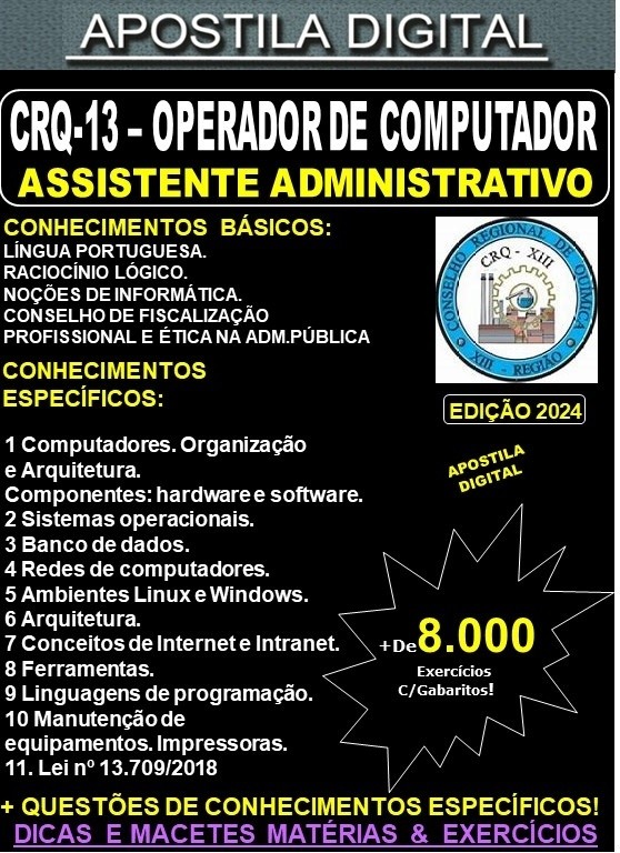 Apostila CRQ-13 - OPERADOR de COMPUTADOR - Teoria + 8.000 Exercícios - Concurso 2024 | Editora ...