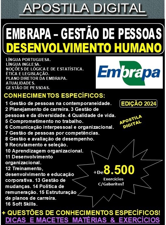 Apostila EMBRAPA - Gestão Pessoas - DESENVOLV. HUMANO - Teoria +8.500 Exercícios - Concurso 2024 ...
