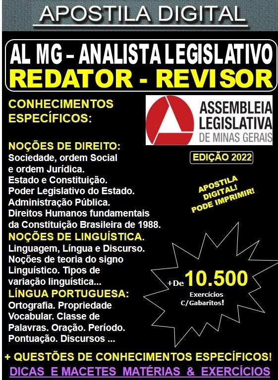 Apostila AL-MG Analista Legislativo - REDATOR-REVISOR - Teoria + 10.500 Exercícios - Concurso ...