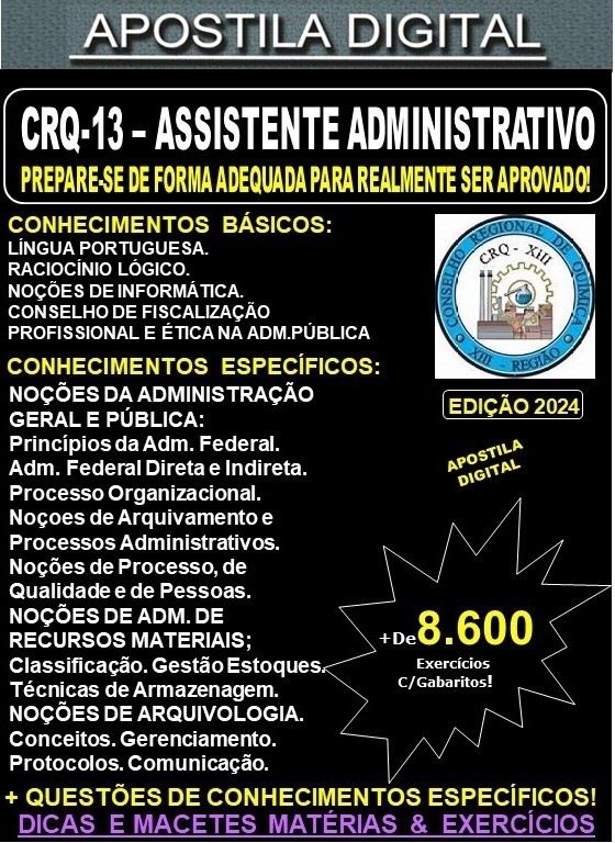 Apostila CRQ-13 - ASSISTENTE ADMINISTRATIVO - Teoria + 8.600 Exercícios - Concurso 2024 ...